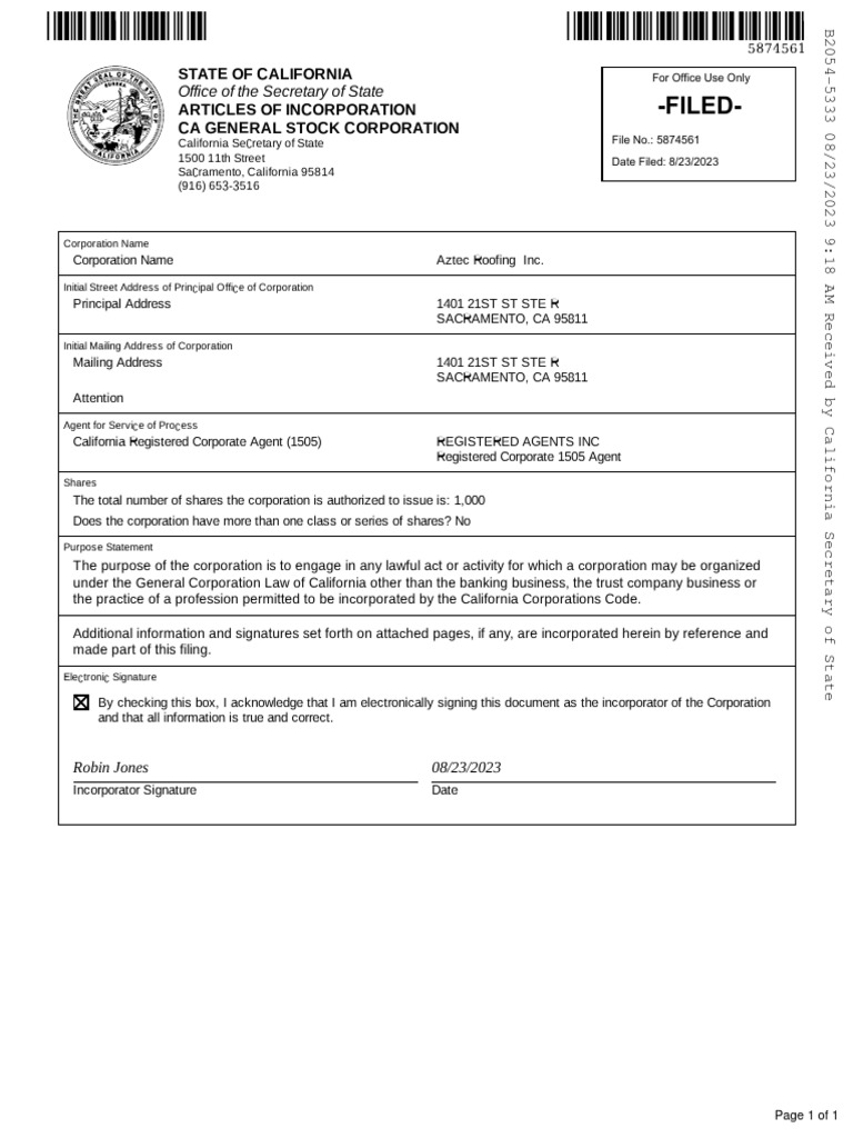 Filed-: State of California Articles of Incorporation Ca General Stock ...