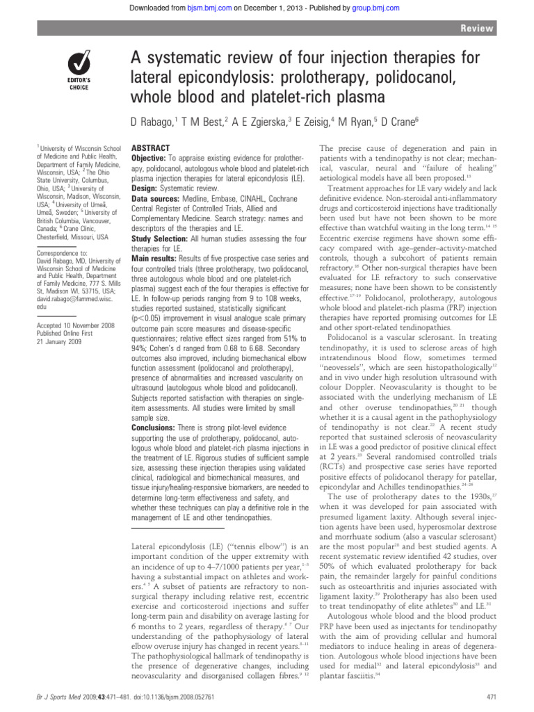 A Systematic Review of Four Injection Therapies For LE | Download Free ...