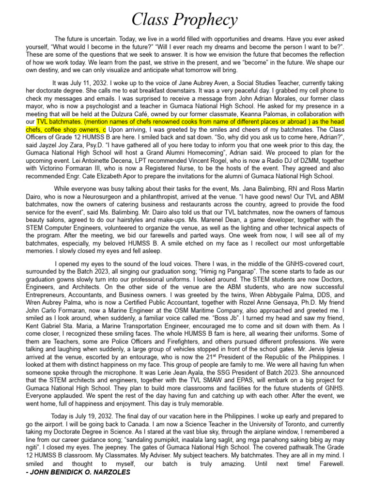 CLASS PROPHECY Graduation 2022 23 | PDF