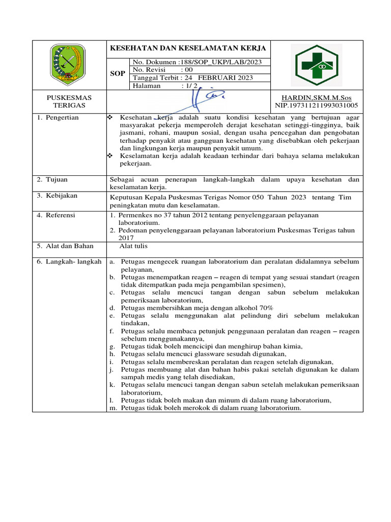 3..9.1.a.4.SOP Kesehatan Dan Keselamatan Kerja (SDH) | PDF