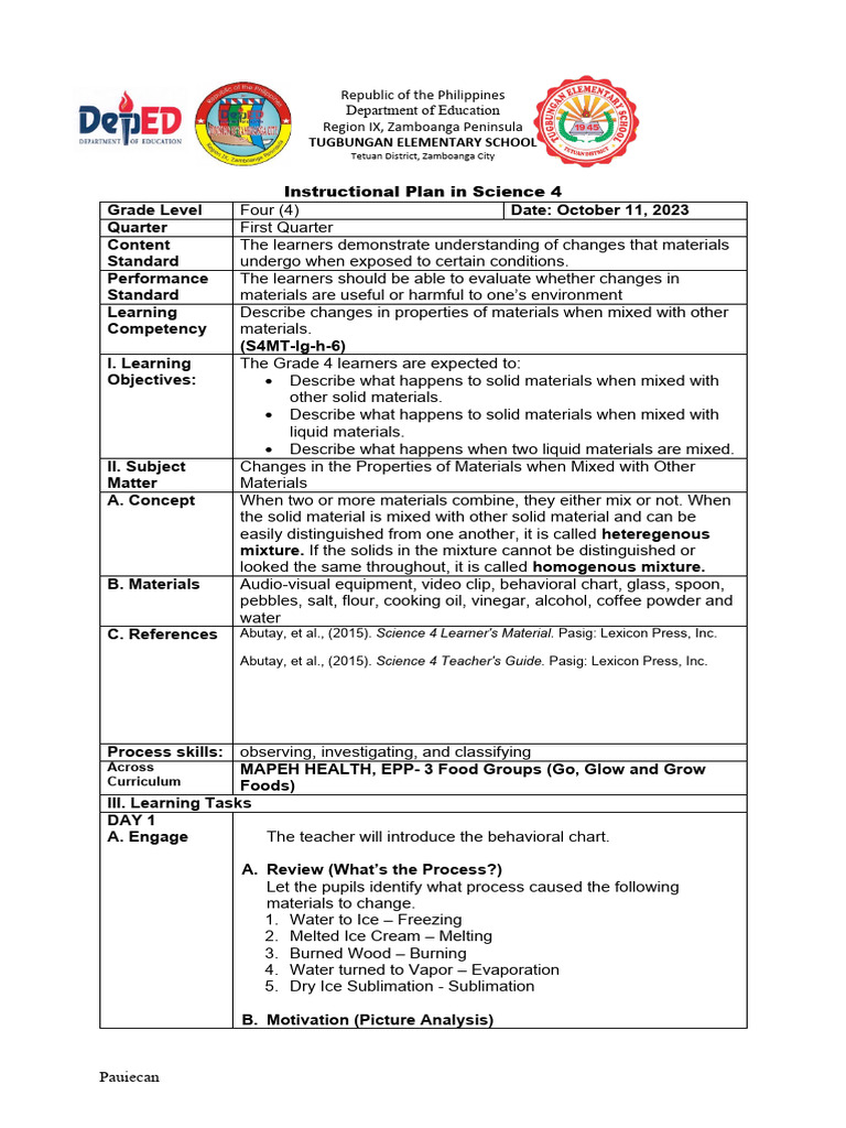 Detailed Lesson Plan Science 4 | PDF | Mixture | Learning