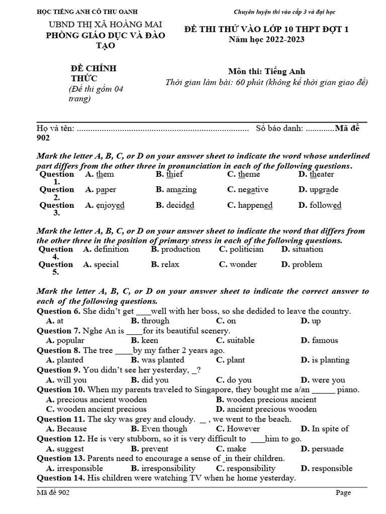 Dot-01 - Tieng-Anh - Ma - de - 902 cô Thu Oanh chữa đề Nghệ An lần 1 | PDF | Hawaii | Infection