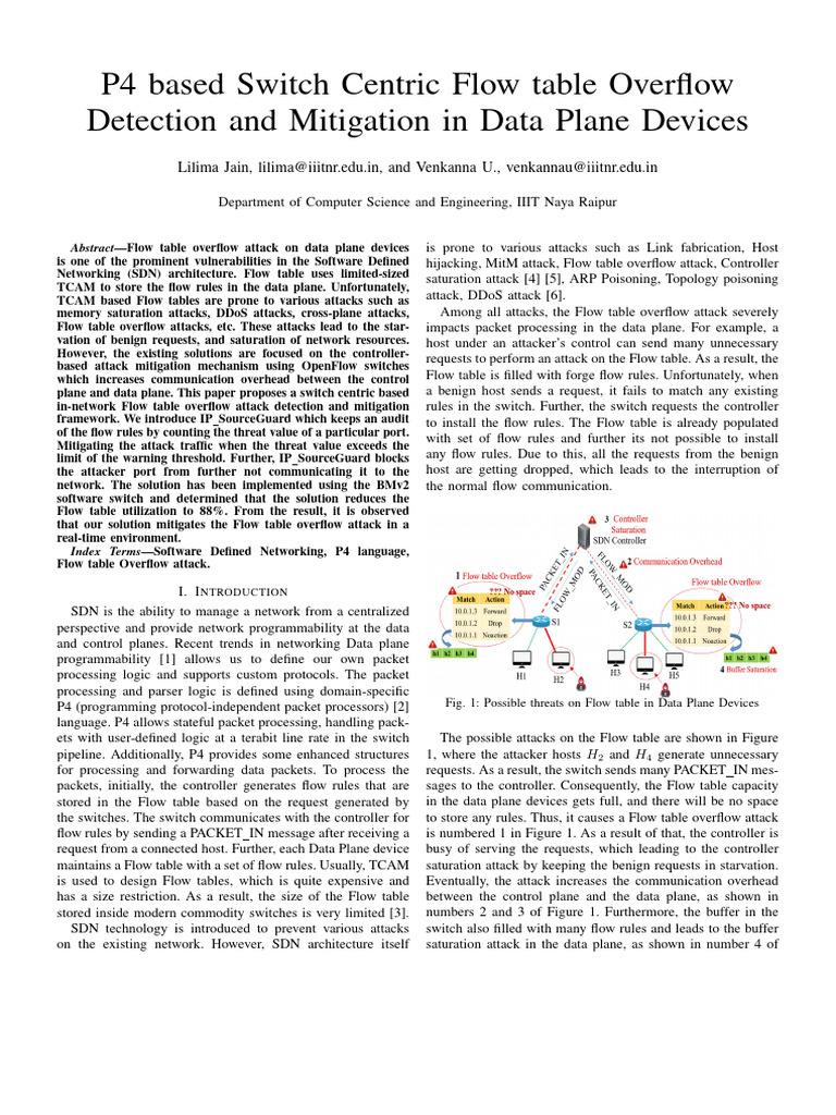 P4 Based Switch Centric Flow Table Overflow Detection and Mitigation in Data Plane Devices | PDF ...
