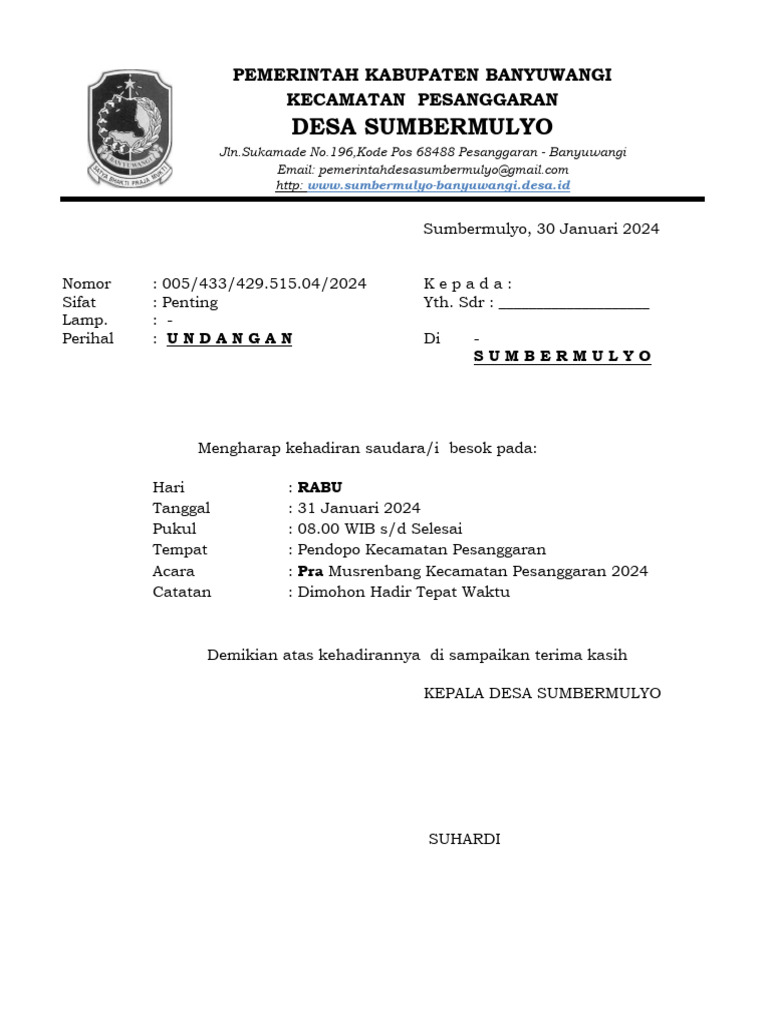 Undangan Pra Musrenbang 2024 Sumbermulyo | PDF