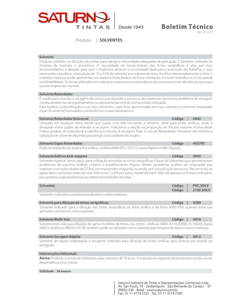 Solvente Retardador - Saturno | PDF | Tinta | Impressão