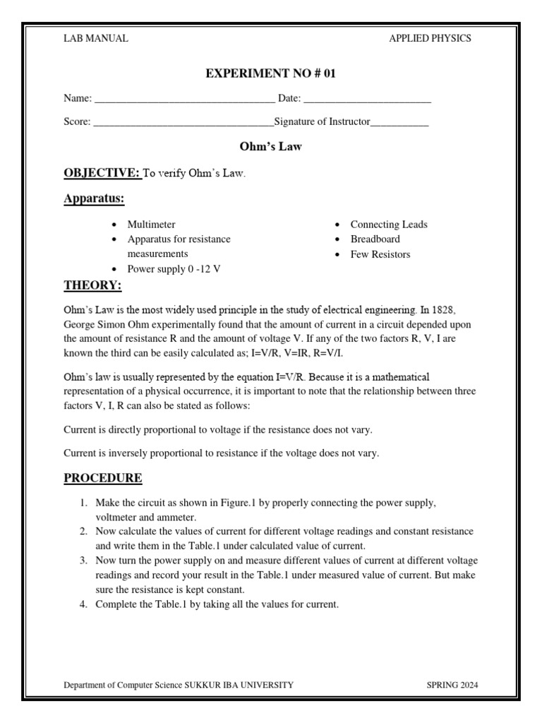 Lab 01 OHM'S LAW | PDF | Electrical Resistance And Conductance ...