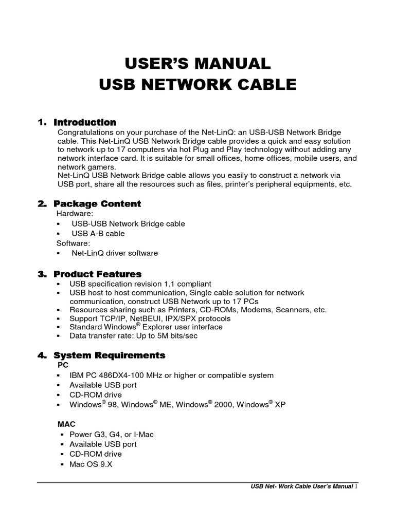 USB NETWORK CABLE User's Manual (English) | PDF | Computer Network | Usb