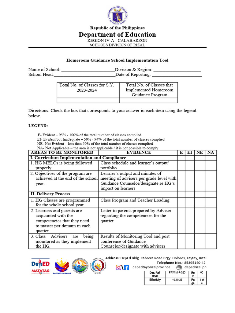 Template Homeroom Guidance School Implementation Report | PDF ...