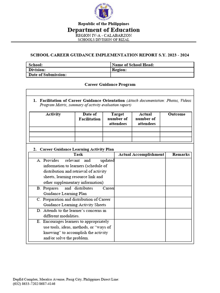 Template School Career Guidance Implementation Report | PDF | Learning ...