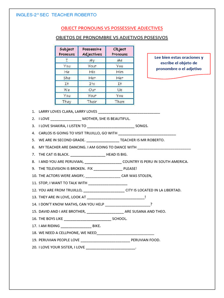2do secu OBJECT PRONOUNS VS POSSESSIVE ADJECTIVES | PDF | Grammar | Syntax