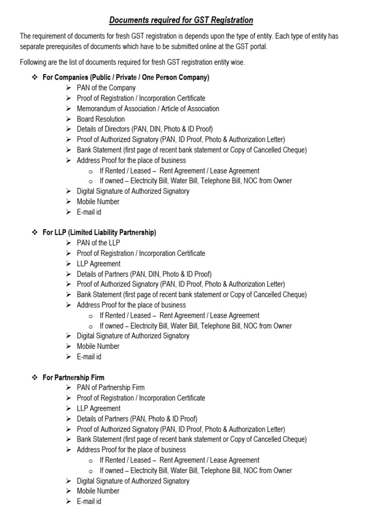 Documents Required For GST Registration Entity Wise | PDF | Limited ...