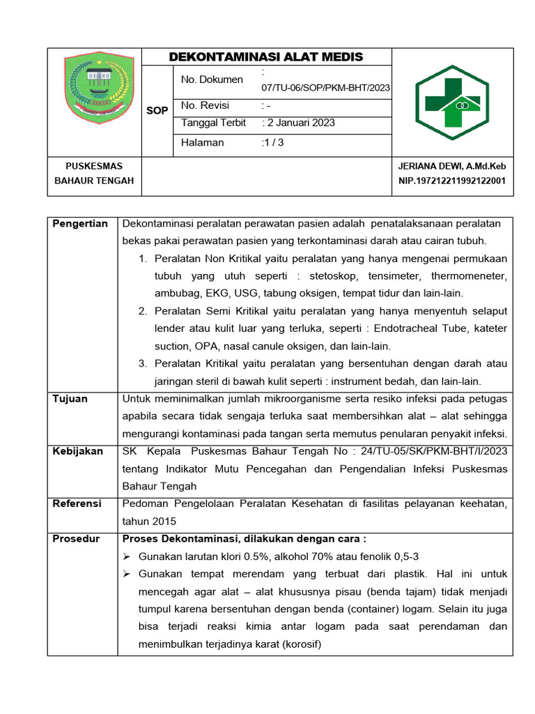 SOP Dekontaminasi Alat Medis | PDF