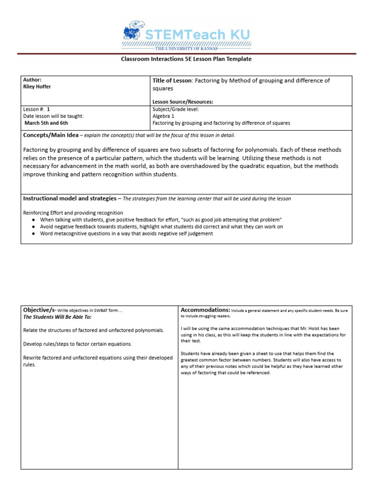 factoring lesson | PDF | Educational Assessment | Factorization