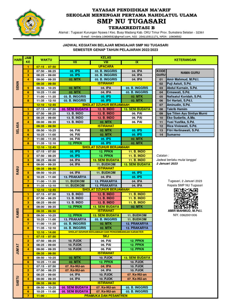 Jadwal KBM SMP Nu Tugasari Semester Genap 2022-2023 | PDF