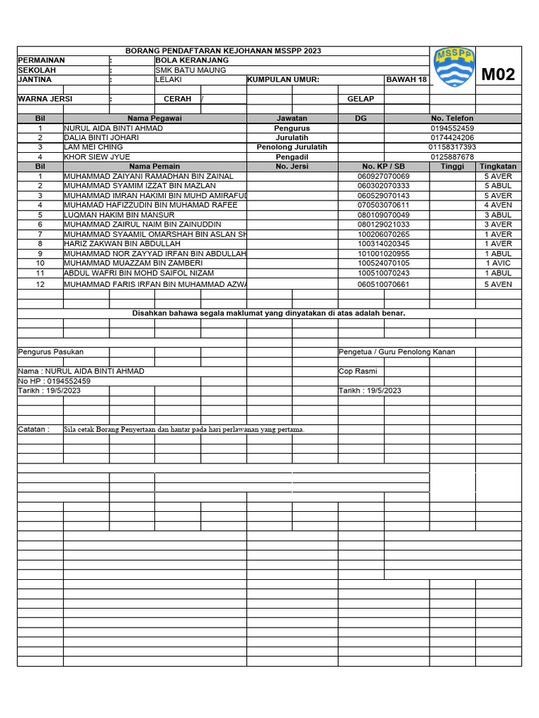 2023 Borang Penyertaan MSSPP L18 | PDF