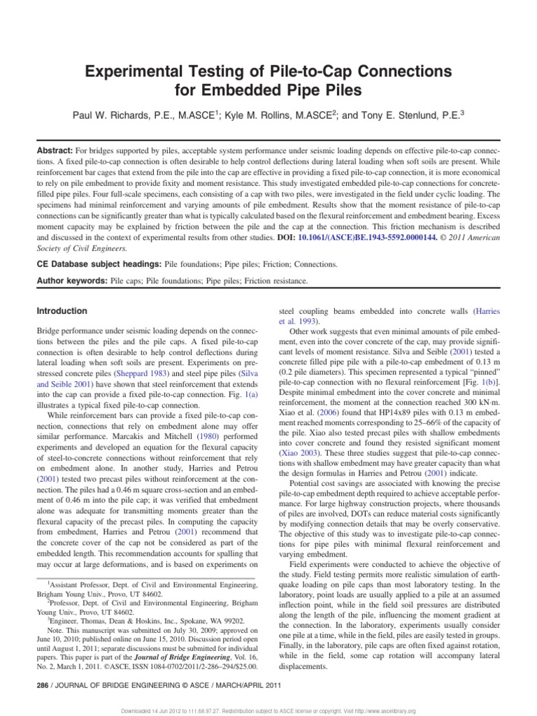 Experimental Testing of Pile-to-Cap Connections for Embedded Pipe Piles ...