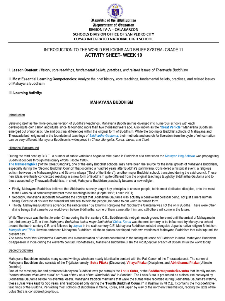 ITWRBS Q4 W10 Activity-Sheet | PDF | Bodhisattva | Mahayana