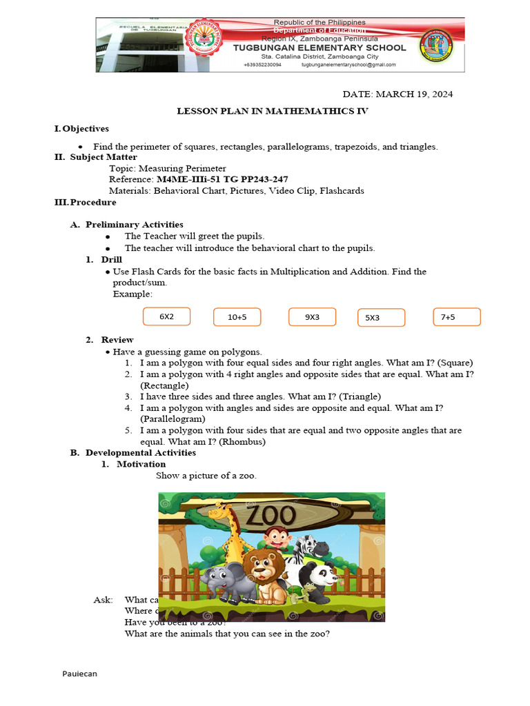 Lesson Plan in Mathematics 4 Perimeter | PDF | Rectangle | Elementary ...