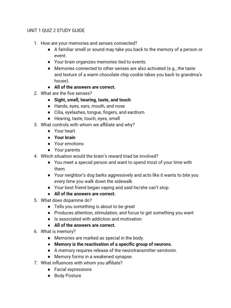 Unit 1 Quiz 2 Study Guide | PDF | Brain | Amygdala