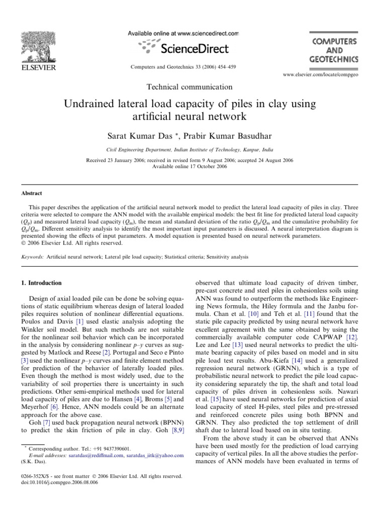 Undrained Lateral Load Capacity of Piles in Clay Using Artificial Neural Network | PDF ...