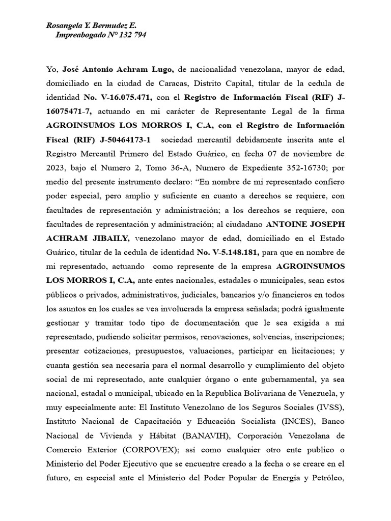 Poder Especial de José Antonio Achram | PDF | Venezuela | Documento de ...