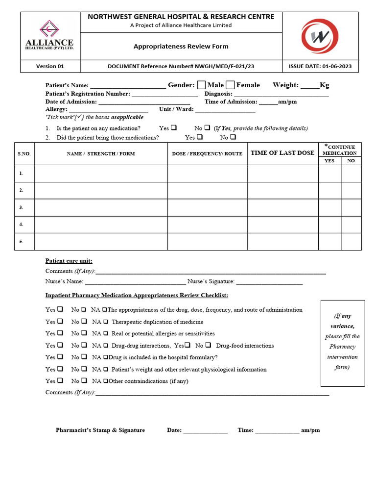 MED-F-021 Appropriateness Review Form | PDF | Pharmacy | Patient