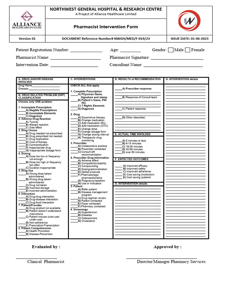 MED-F-019 Pharmcist Intervention FORM | PDF | Medical Prescription ...
