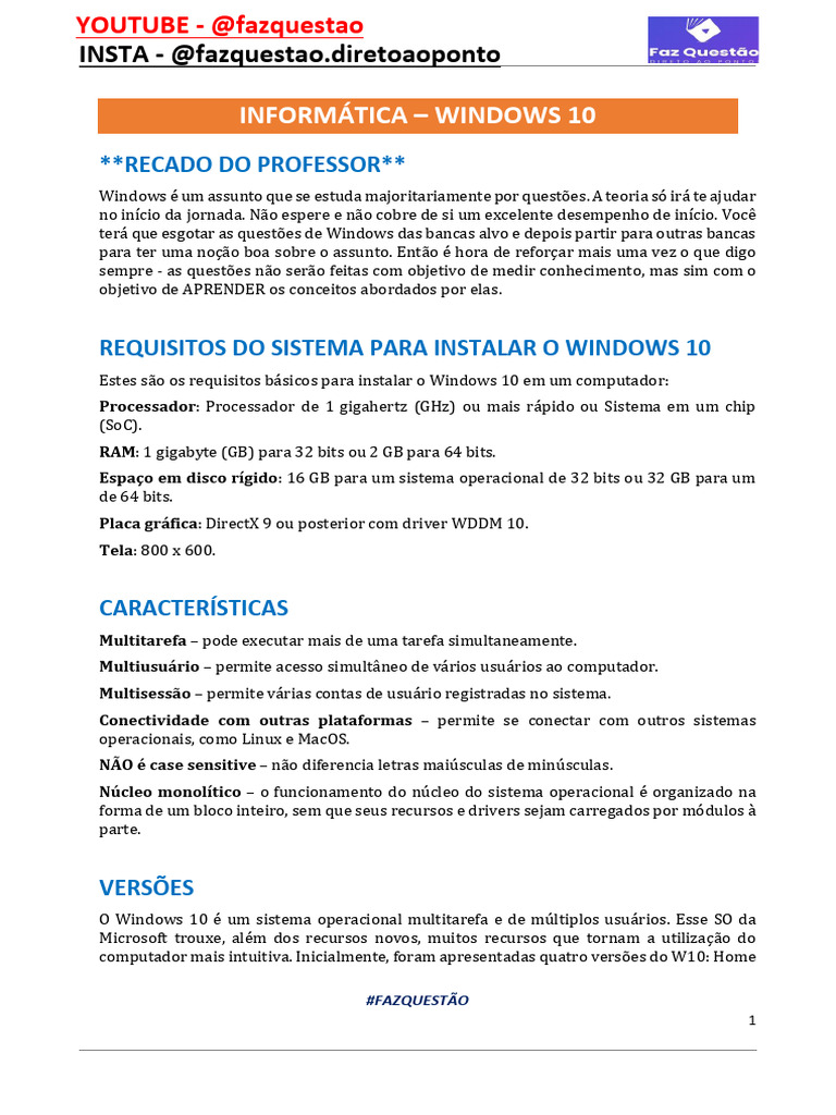 3-4-INFORMÁTICA - WINDOWS, PASTAS e ARQUIVOS - MATERIAL COMPLETO | PDF | Windows 10 | Registro ...