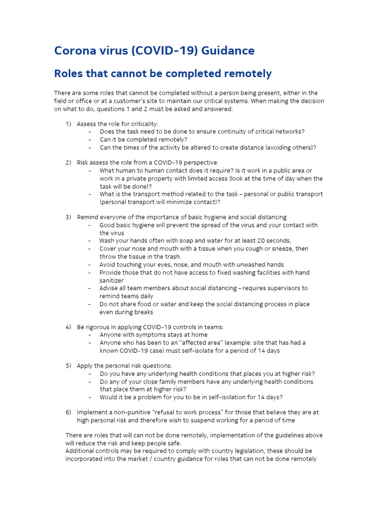 Covid 19 Business Critical Roles That Cannot Be Done by Working Remotely V1 | PDF | Risk | Hand ...