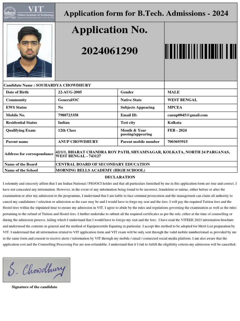 Application No. 2024061290: Application Form For B.Tech. Admissions - 2024 | PDF