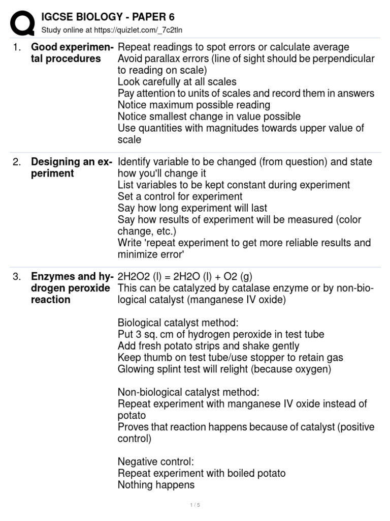 Igcse Biology - Paper 6 | PDF | Carbon Dioxide | Catalysis