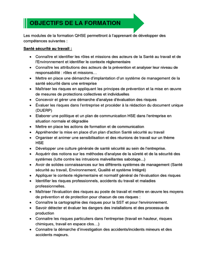Formation QHSE : Objectifs et Compétences | PDF | Santé et sécurité au ...