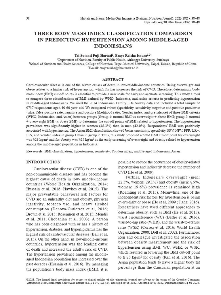 Three Body Mass Index Classification Comparison in Predicting Hypertension Among Middle-Aged ...