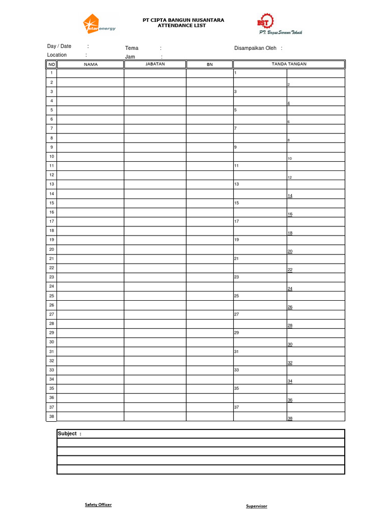 Attendance List Toolbox Meeting | PDF