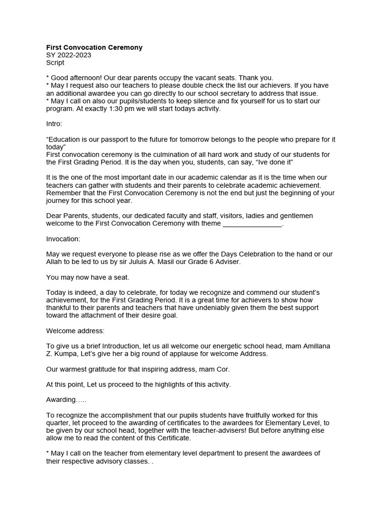 First Convocation Ceremony Script Script | PDF