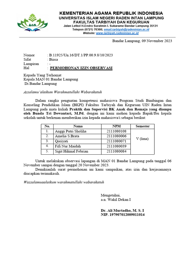 Surat Izin Observasi Praktik Dan Supervisi 5D | PDF