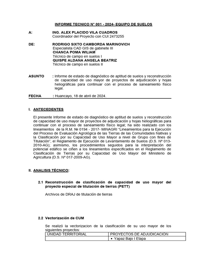 2. INFORME TECNICO N° 001 DIAGNOSTICO DE APTITUD DE SUELOS (1) | PDF | Ciencias de la Tierra ...