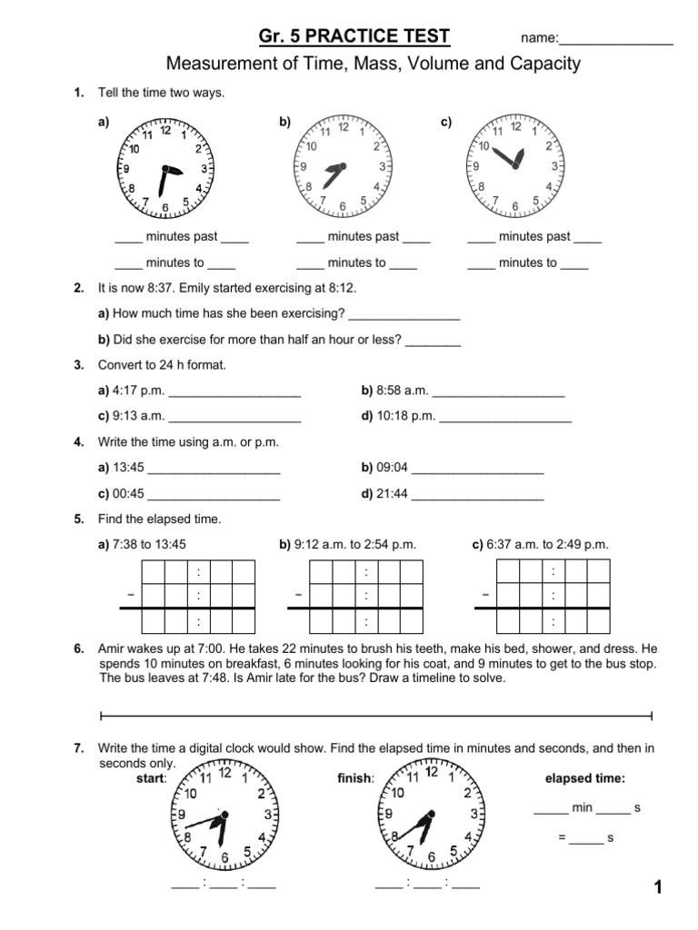 GR 5 PRACTICE TEST Time, Mass, Volume and Capacity | PDF | Volume | Litre