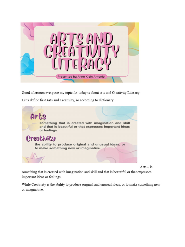 Script Arts and Creativity Literacy | PDF | Literacy | Creativity