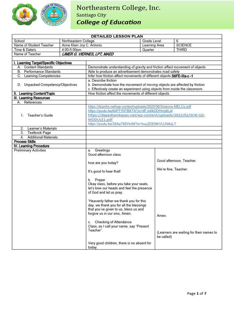 Antonio Grade 6 Physics DLP Updateddd | PDF | Friction | Learning