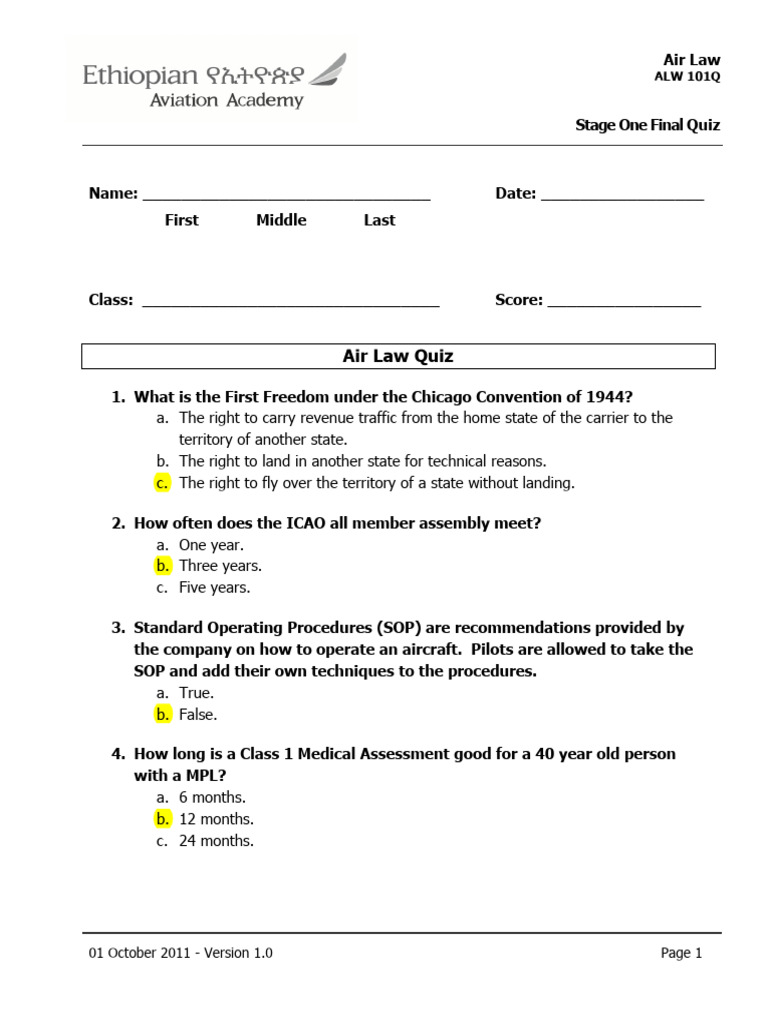 Air Law Quiz: Stage One Assessment | PDF | Aircraft | Aerospace