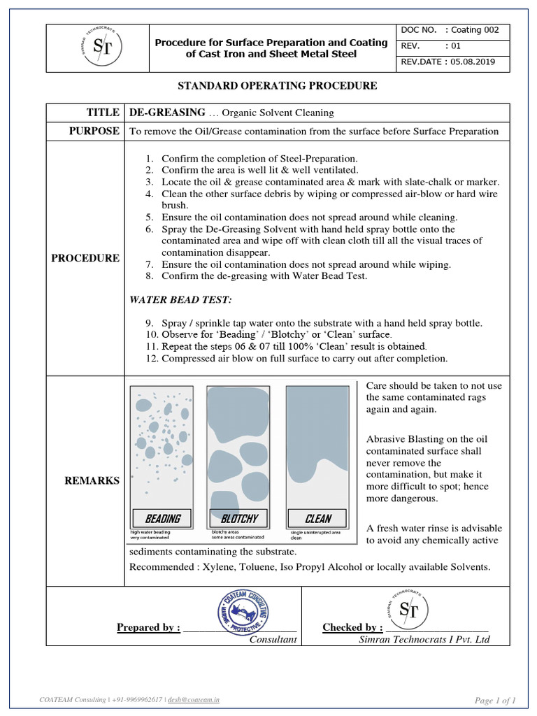 Coating Procedure - Sop 02 de-greasing | PDF | Materials | Industrial ...