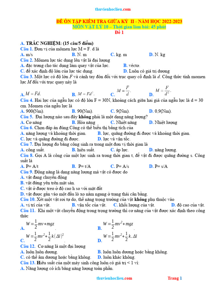 Bo de On Thi Giua HK2 Vat LI 10 KNTT | PDF