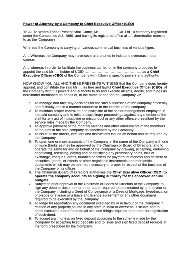 CEO Power of Attorney Document | PDF | Private Law | Common Law