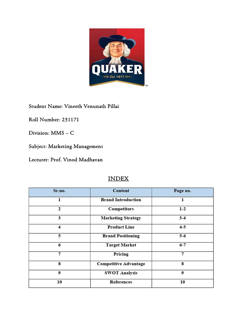 Marketing Management (A Study On Brand - Quaker Oats) PEPSICO | PDF