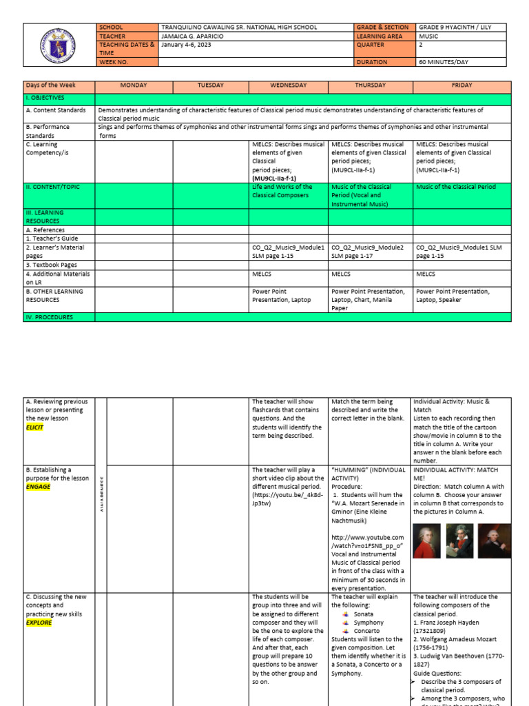 Classical Music Lesson Plan for Grade 9 | PDF | Composers | Wolfgang ...