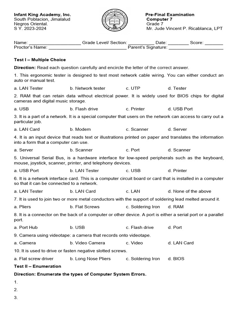 Comouter 7 Pre-Final Exam | Download Free PDF | Usb | Computer Network
