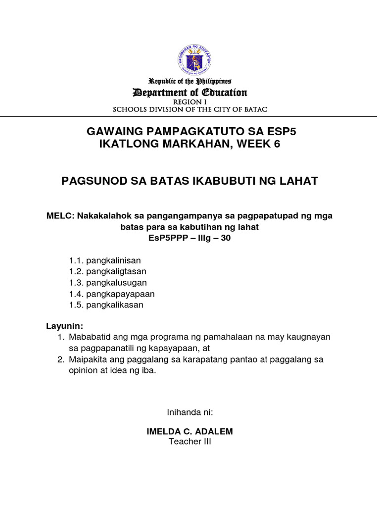 ESP5 Q3W6 As Pagsunod Sa Batas Ikabubuti NG Lahat 1 | PDF
