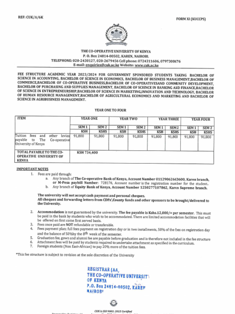 KUCCPS Bachelors Fee Structure SBE New Students 2 | PDF