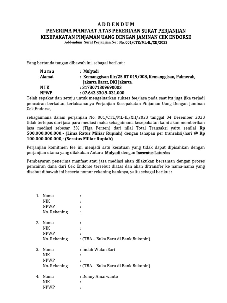 Adendum Fee Cek Endorse | PDF
